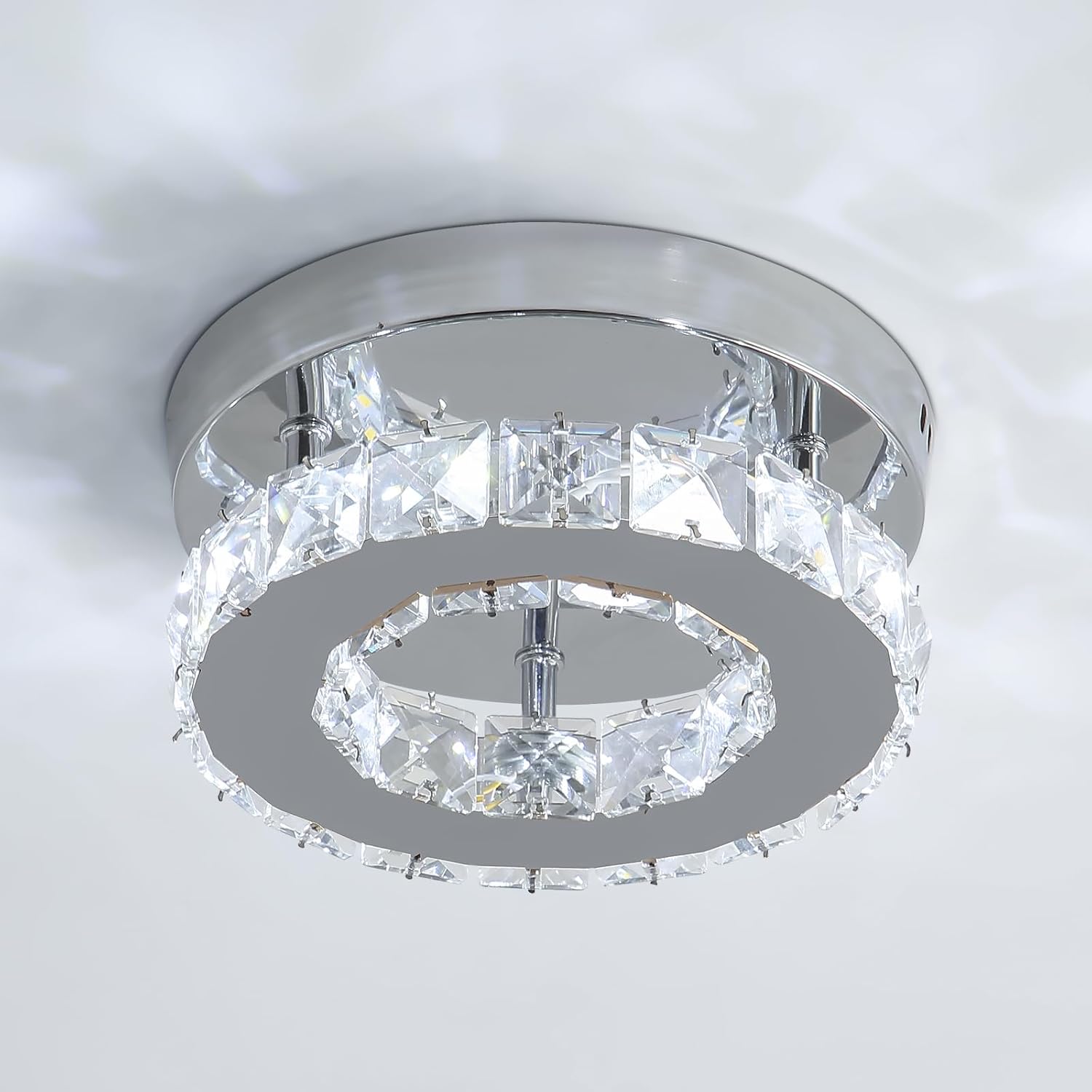 Goeco LED Crystal Ceiling Light, Dimmable 3 Light Color Mode Round ...