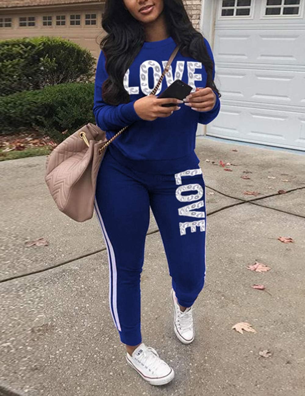 KANSOON Women Stripe Patchwork Two Piece Sweatsuit Round Neck Pullover ...
