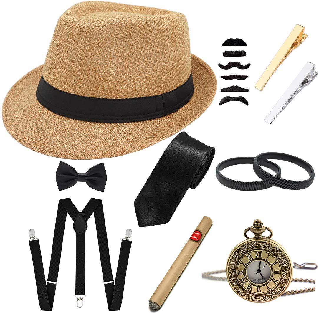 Buy 1920s Accessories for Men Gatsby Gangster Costume Set Panama Fedora ...