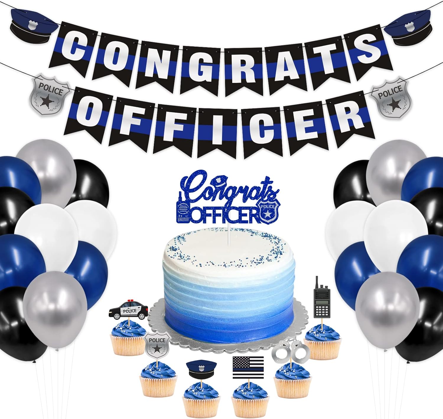Police Graduation Party Decoration Set - Banner, Cake Topper, Balloons ...