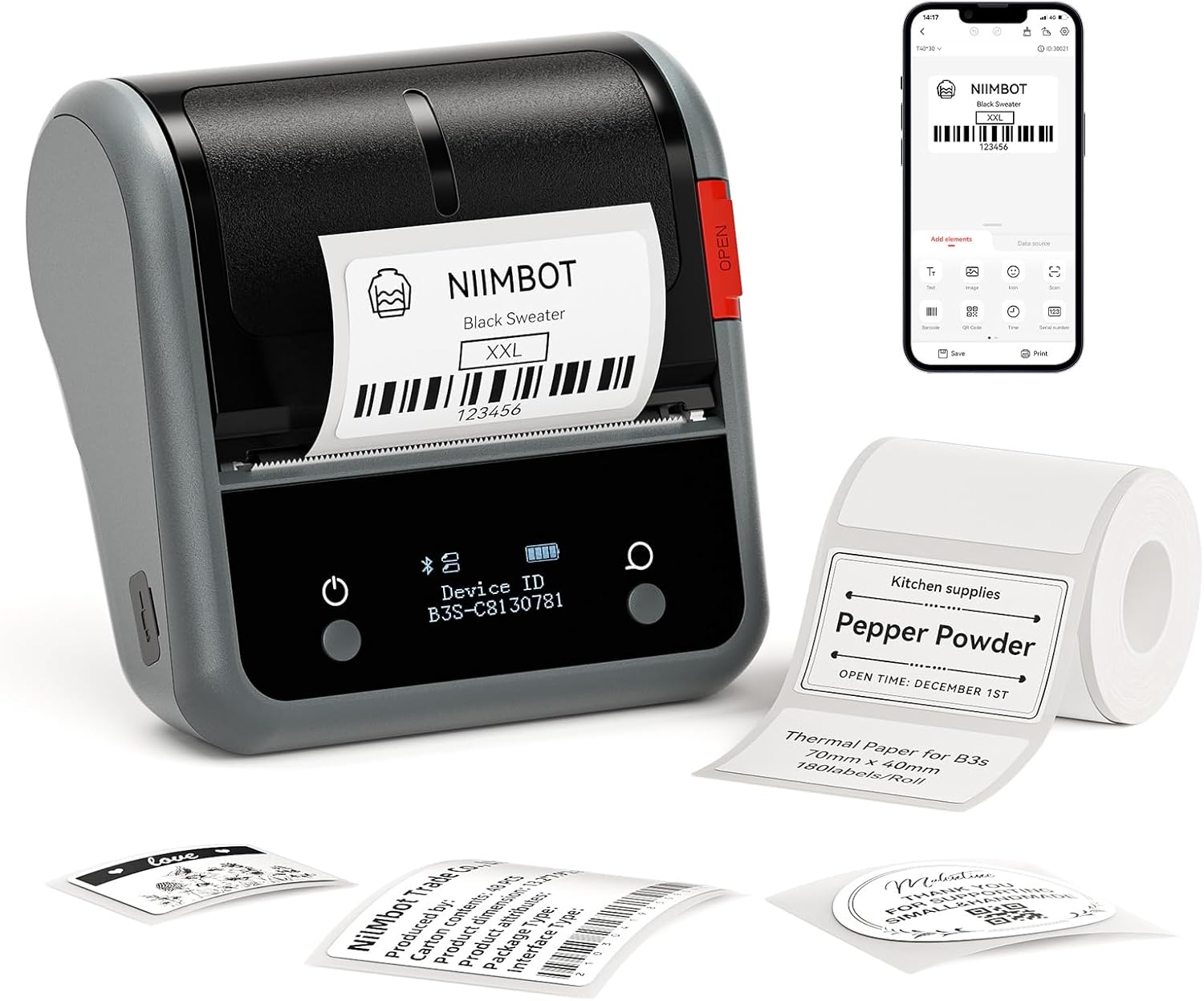 NIIMBOT B3S Label Maker Machine, 3 Inch Thermal Label Printer, Portable ...