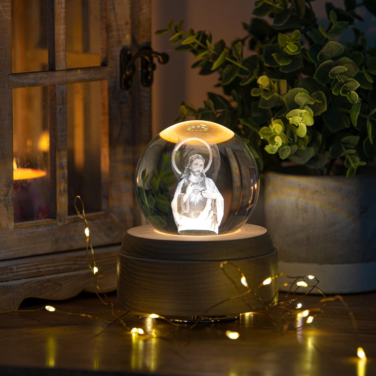 GETI 3D Crystal Ball Music Box Luxurious LED Projection Rotating Wood ...