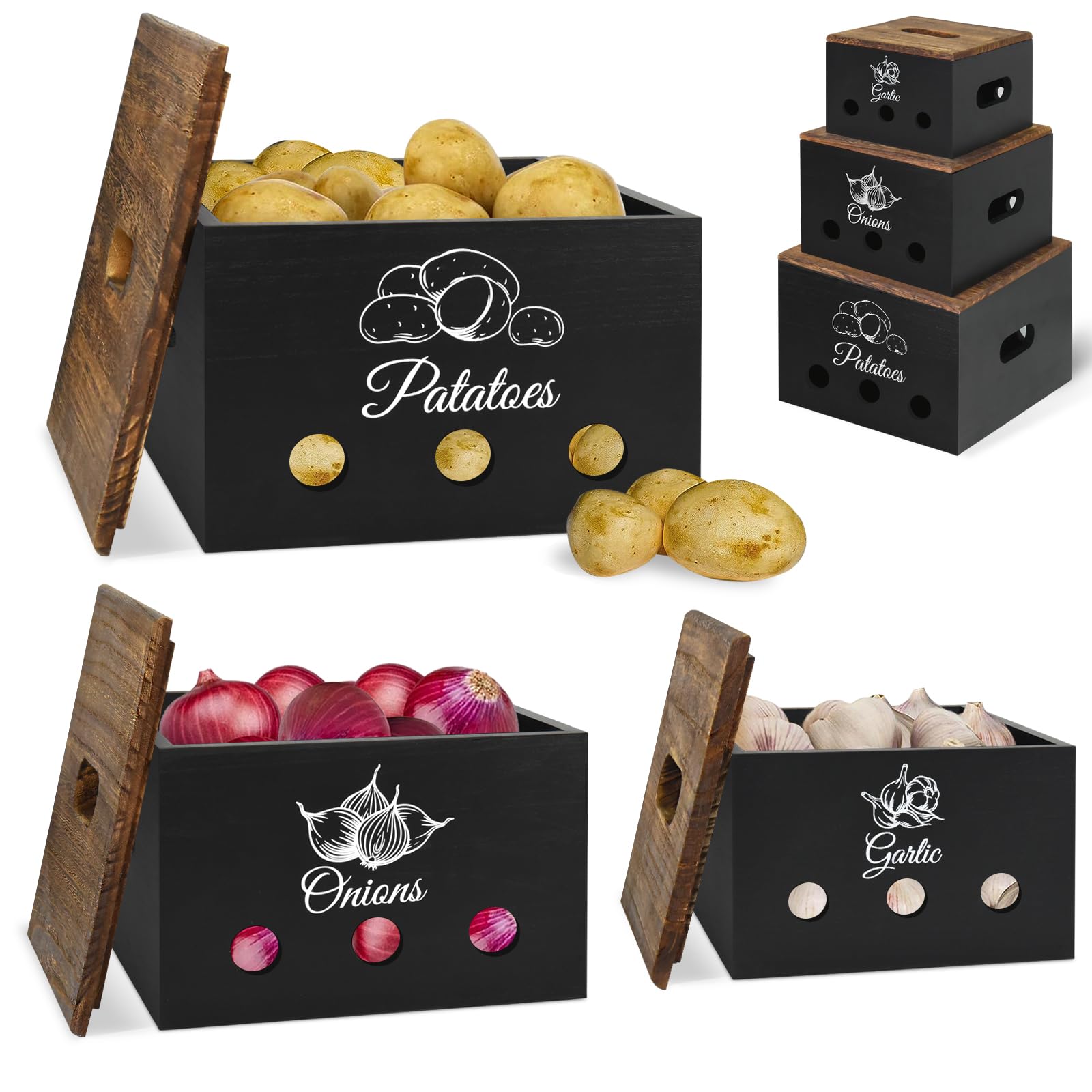 Amazon.com: Potato and Onion Storage Bin, Wood Garlic Storage Canisters ...