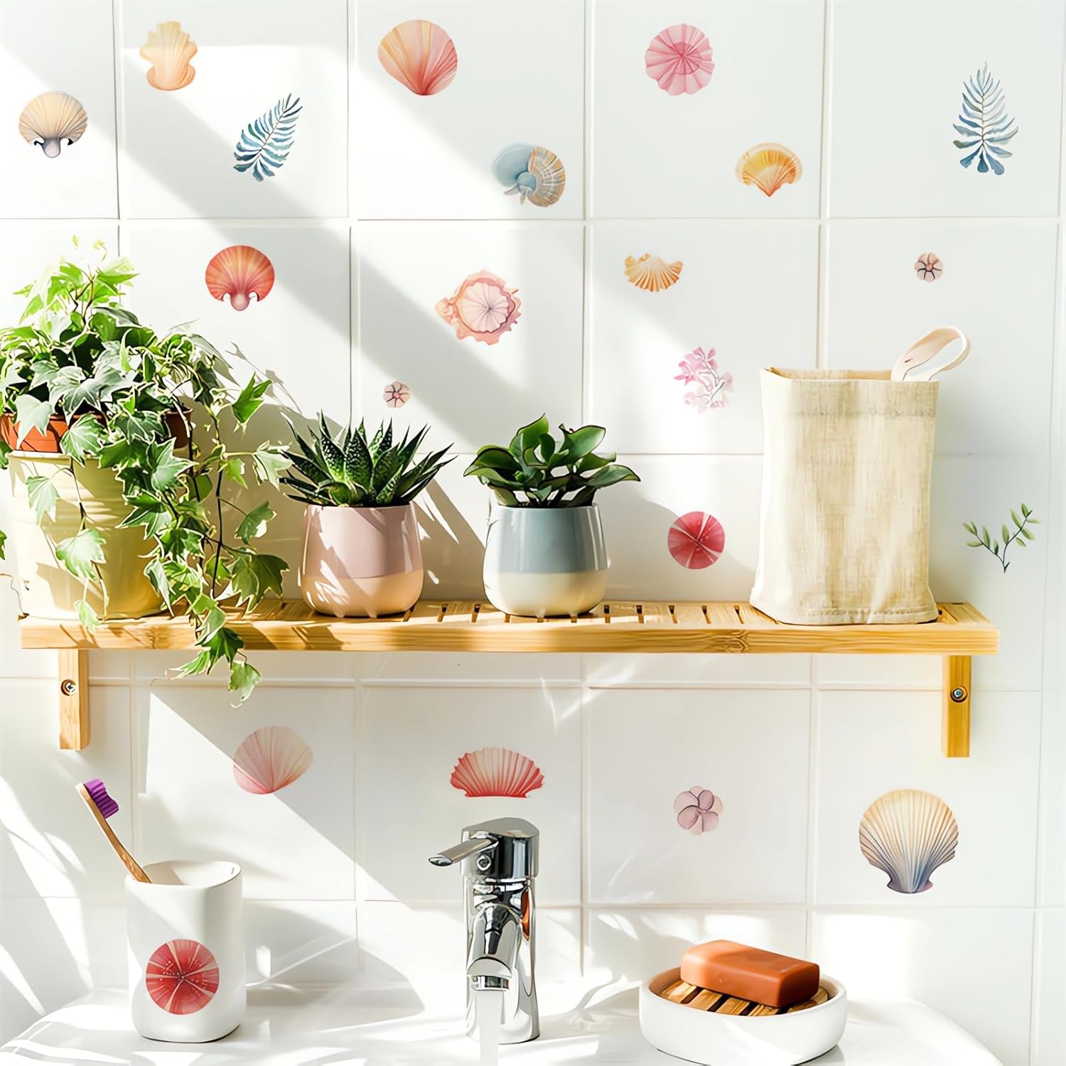 Amazon.com: 6 Sheets 31 Pcs Colorful Seashells Watercolor Wall Stickers ...