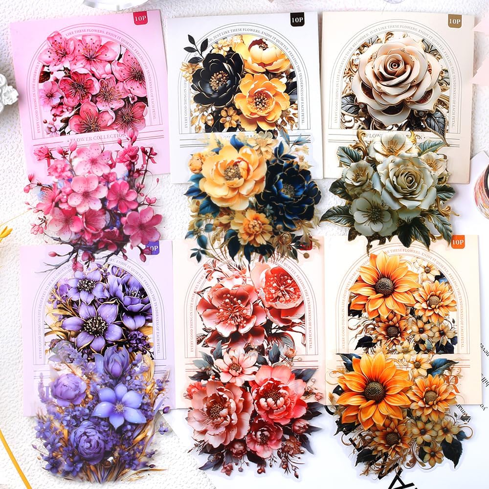 Amazon.com: 60 Pcs Scrapbook Stickers - 6 Styles Rose Sunflower Flower ...