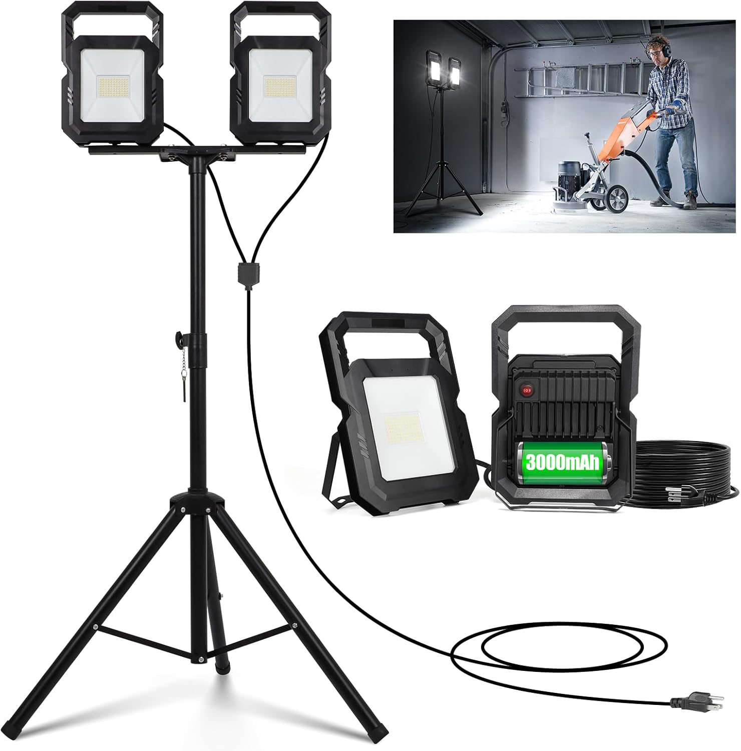 Led Work Light with Stand, 10000 Lumens 90W Dual Power(AC & Battery ...