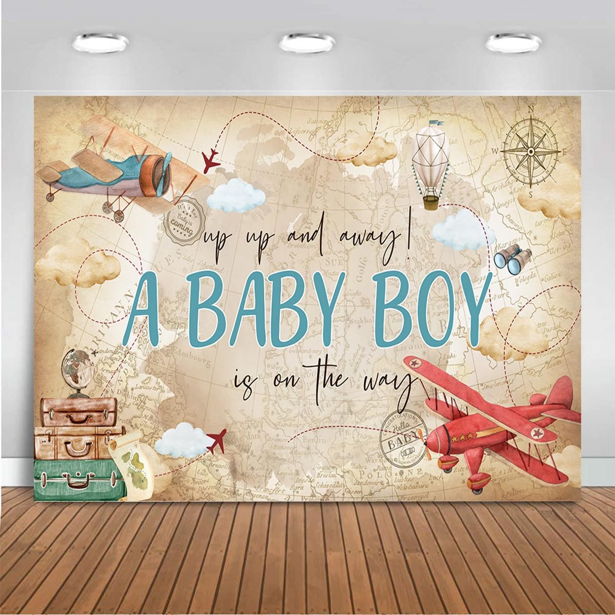 Amazon.com: Mocsicka Airplane Boy Baby Shower Backdrop World Map ...