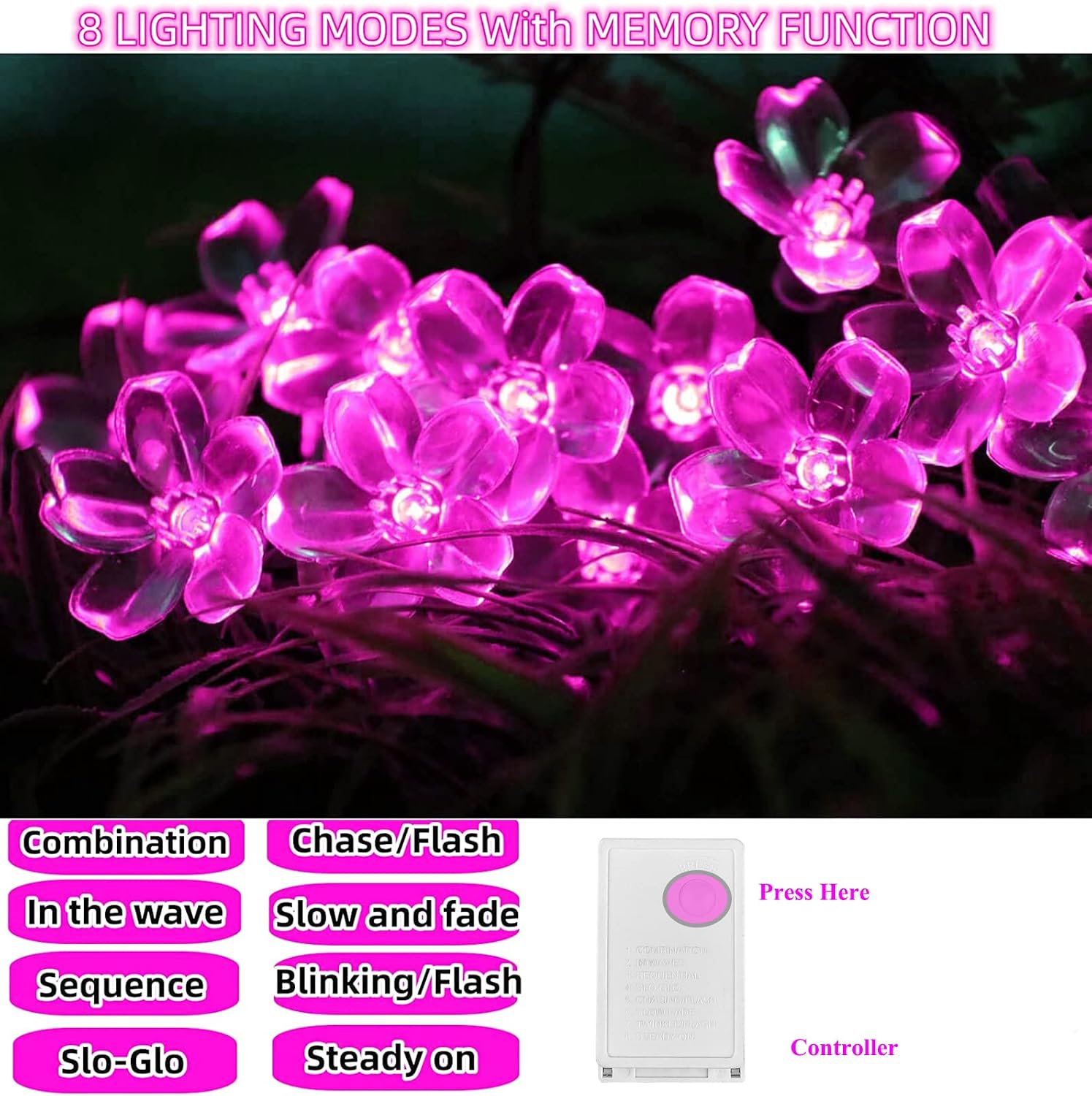 Extensión de 100 luces LED decorativas en forma de flores de cerezo, 33 ...