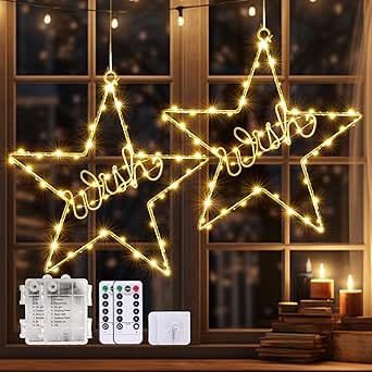 120 LED Christmas Window Lights Indoor Outdoor, 2 Packs Battery Stars ...