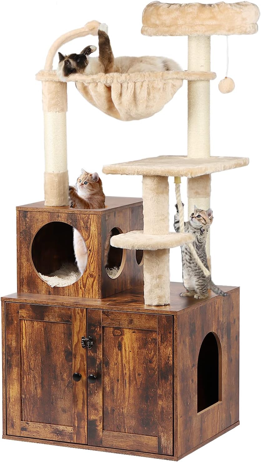 Amazon.com : BEWISHOME Cat Tree with Litter Box Enclosure All-in-one ...