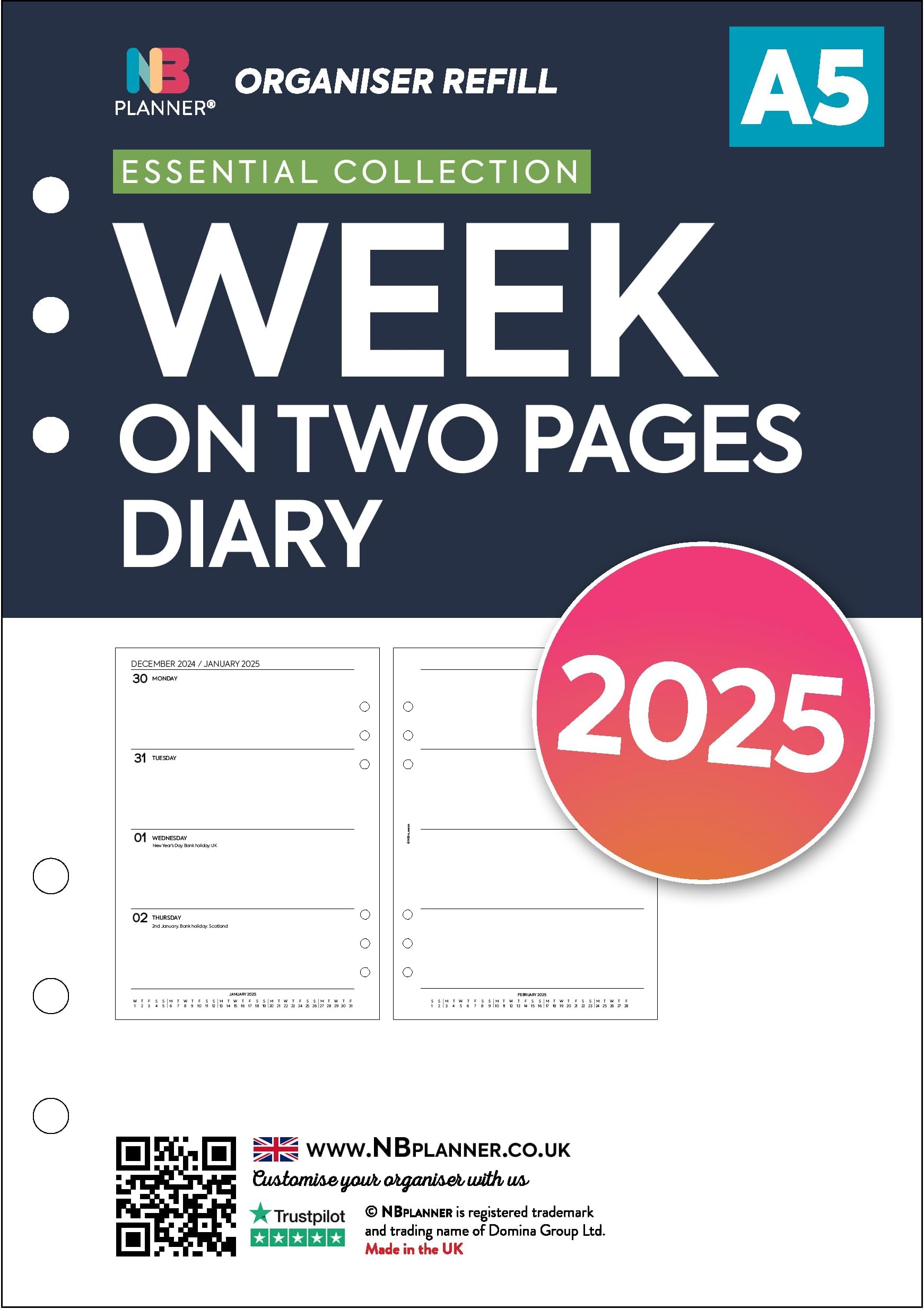 Refill Diary 2025 - A5 Week on Two Pages English Diary 2025, Organiser ...