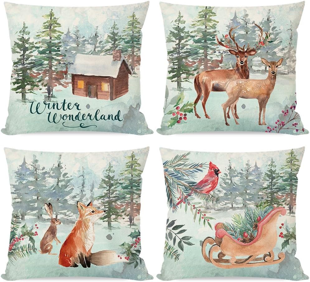 Amazon.com: PANDICORN Winter Pillow Covers 18x18 Set of 4 Reindeer ...