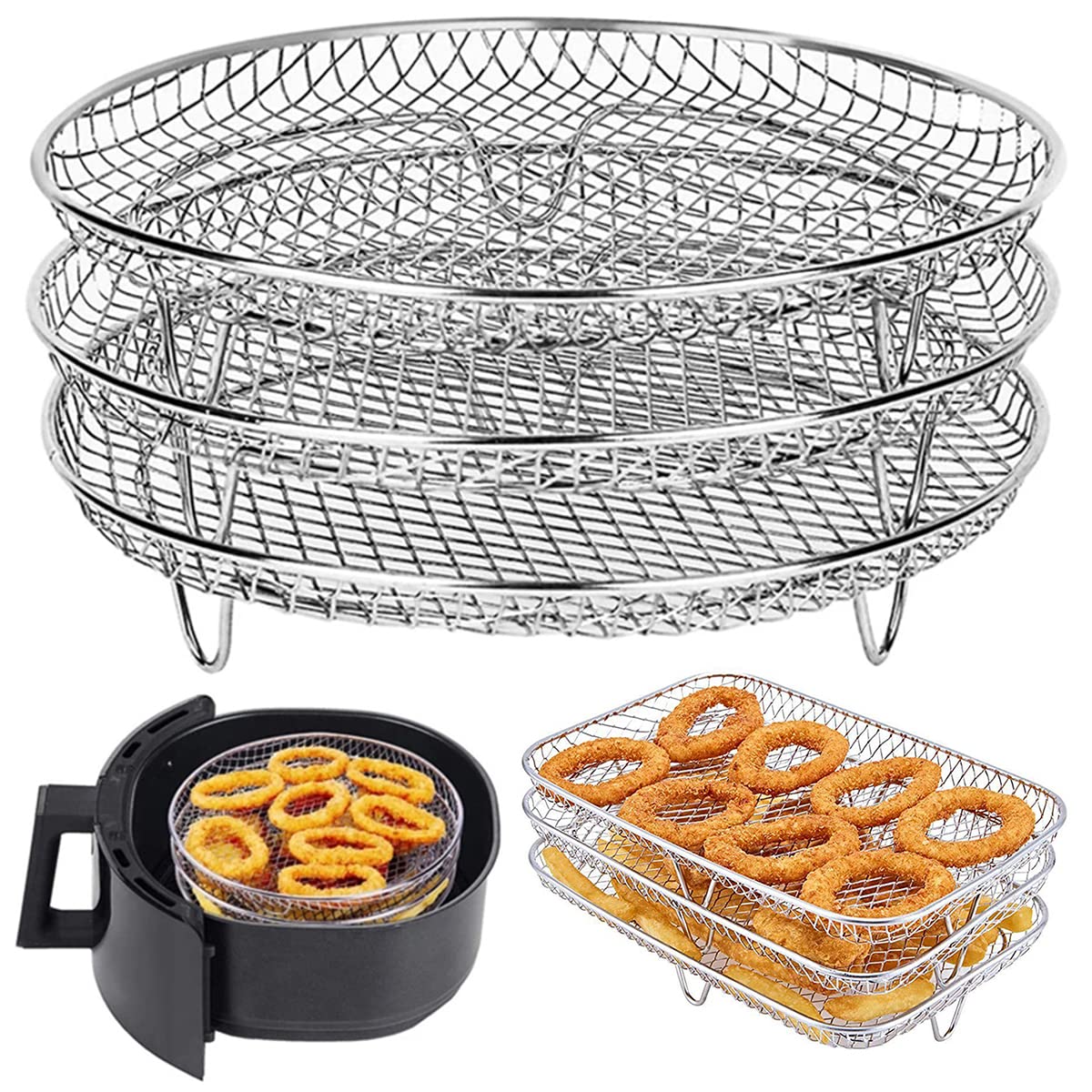 Air Fryer Racks Round, Three Layer Stackable Dehydrator Racks Stainless ...