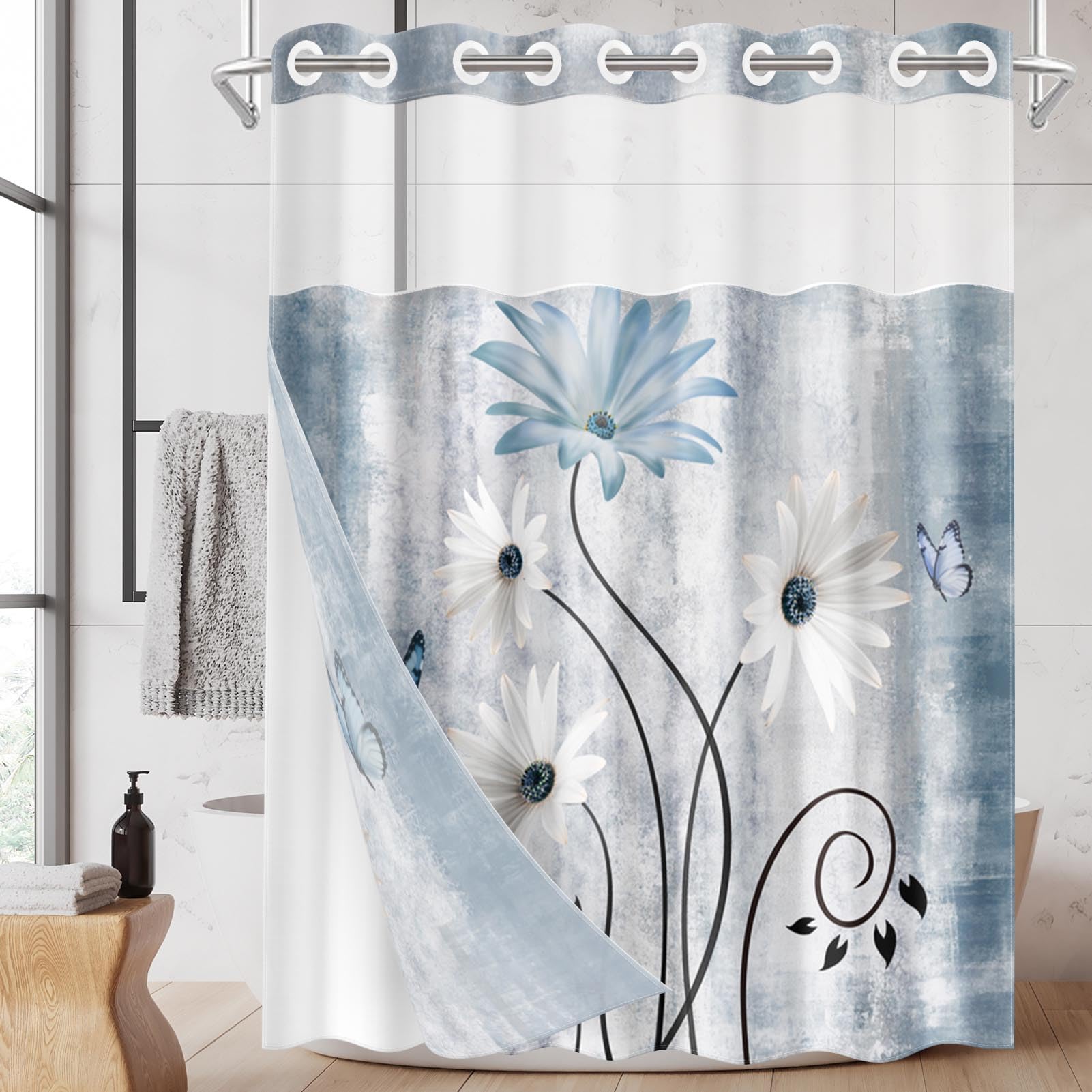 Amazon.com: Nesphy No Hook Rustic Farmhouse Shower Curtain with Snap in Fabric Liner Set, Blue ...