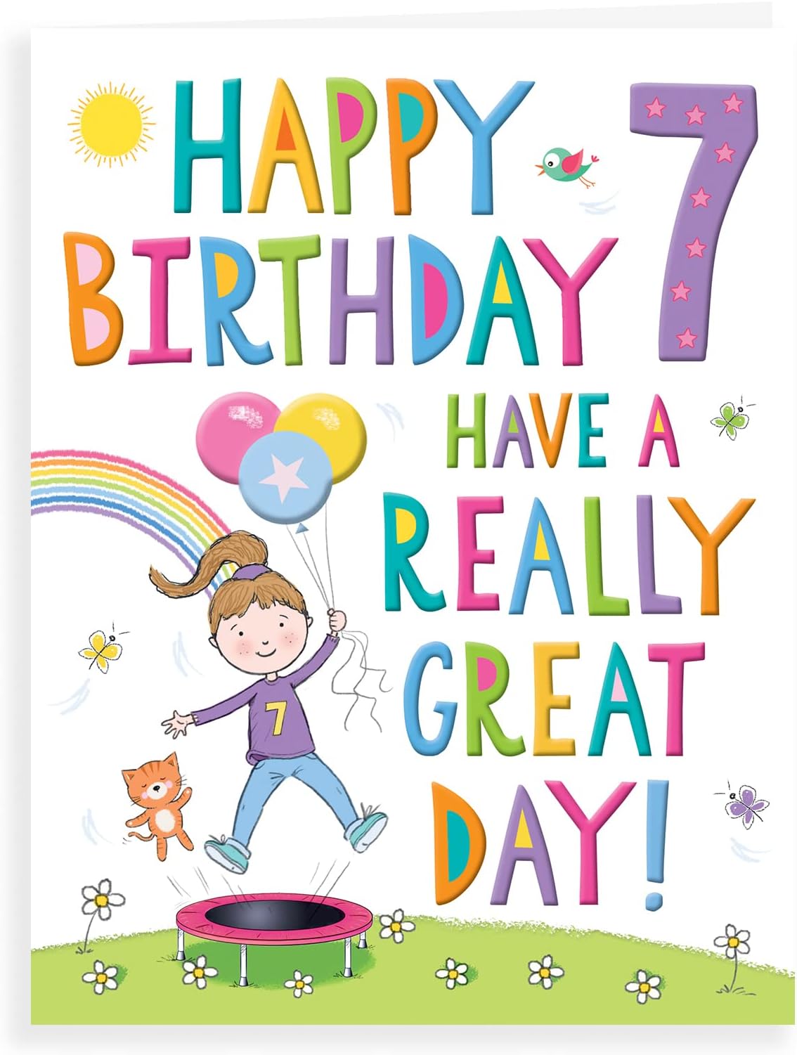 Regal Cards Girl Age 7 Happy Birthday Card - Girl Cat Trampolining ...