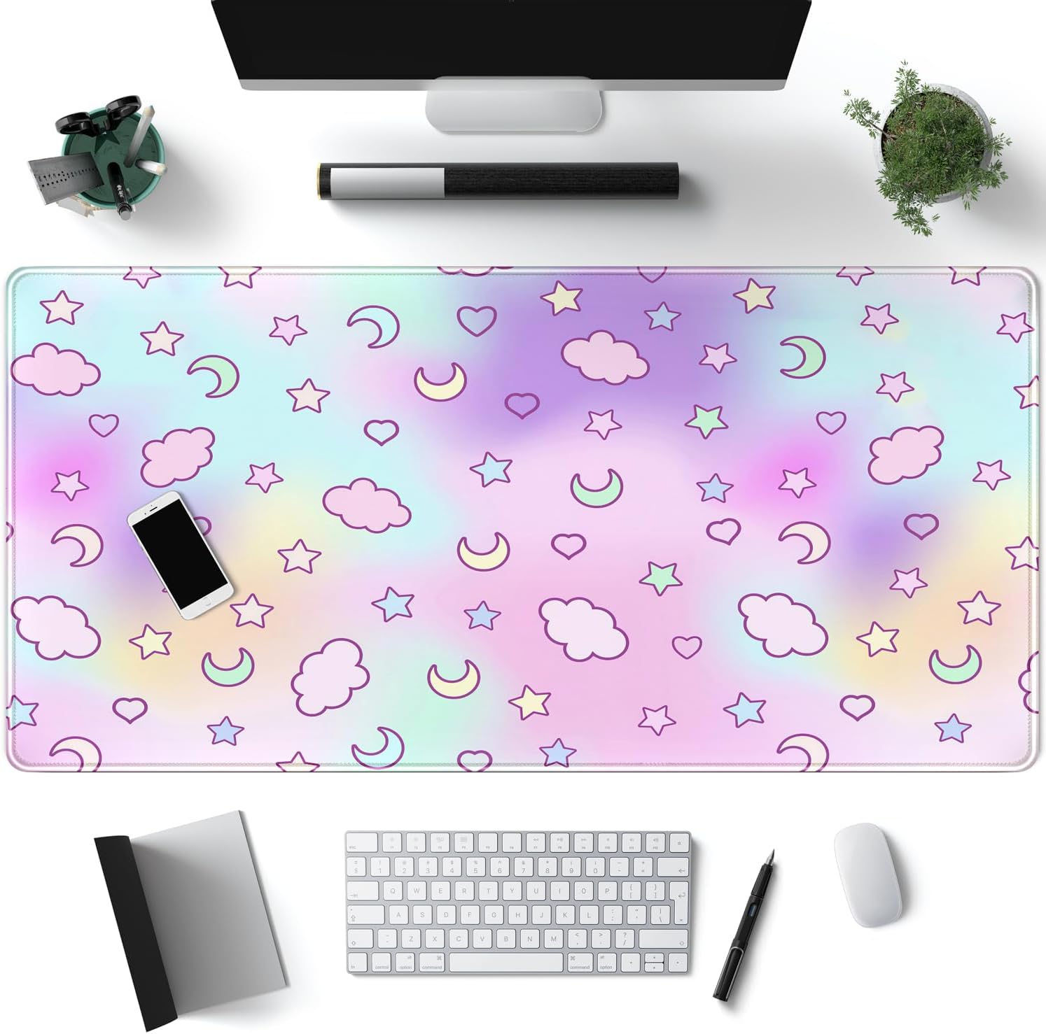 Amazon.com : Pastel Blue Star Grid Desk Mat Kawaii Mouse Pad, Cute ...