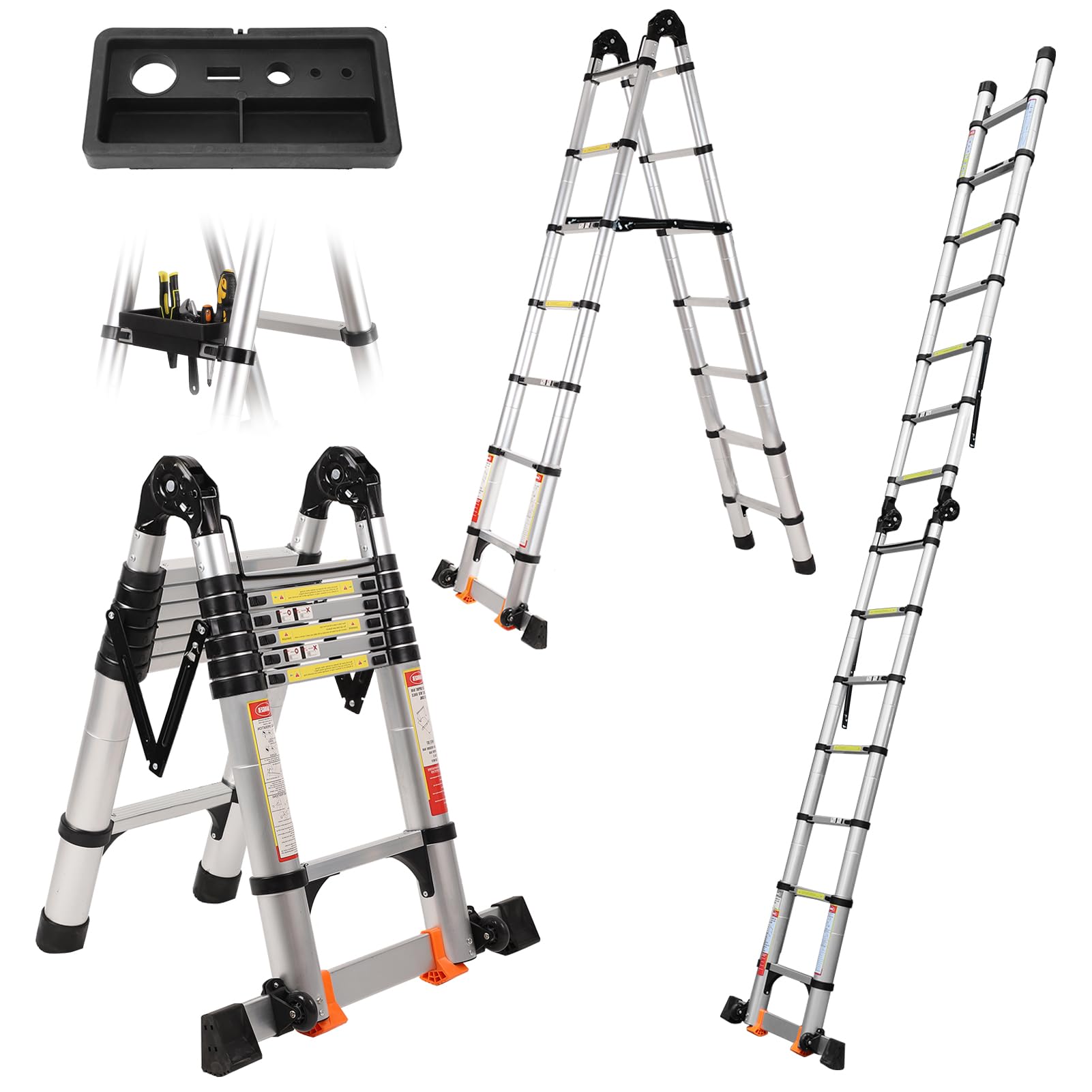 14.5FT Telescoping A Frame Ladder with Tool Platform and Stabilizer Bar ...