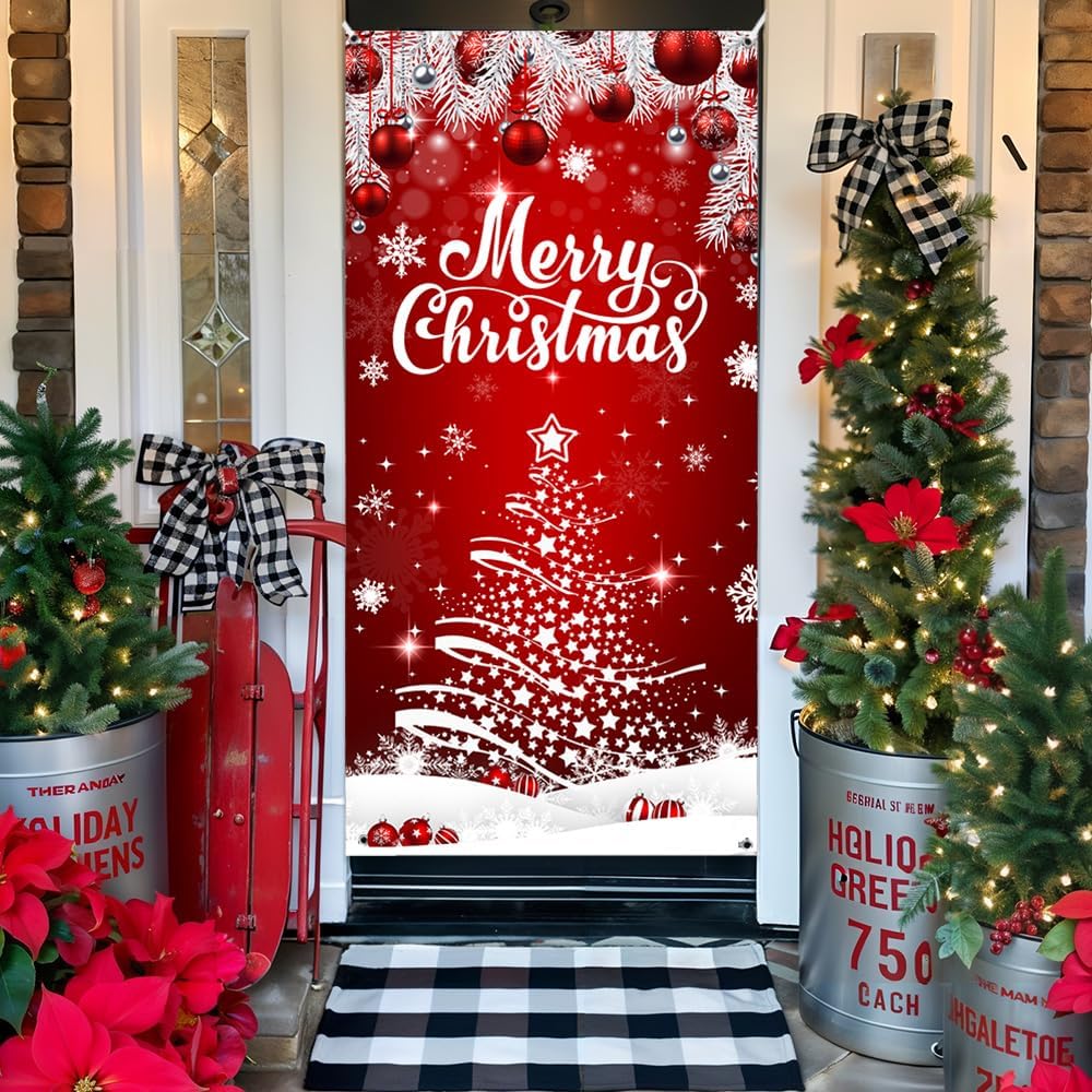 Amazon.com: MEHOFOND Christmas Door Cover Decorations, Red Merry ...