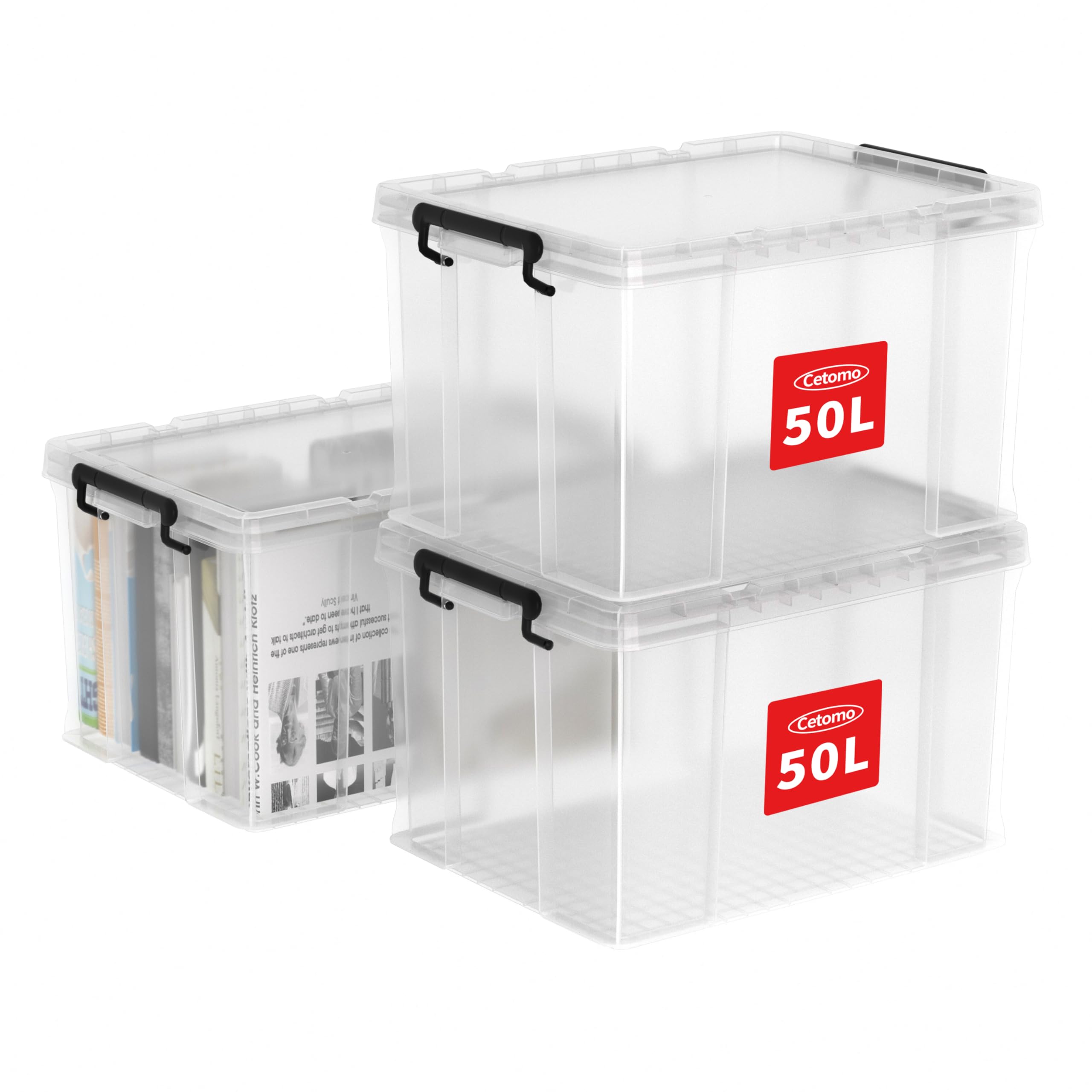 Cetomo 50L*3 Storage Boxes, Stackable Storage Box with Lids, Heavy-Duty ...