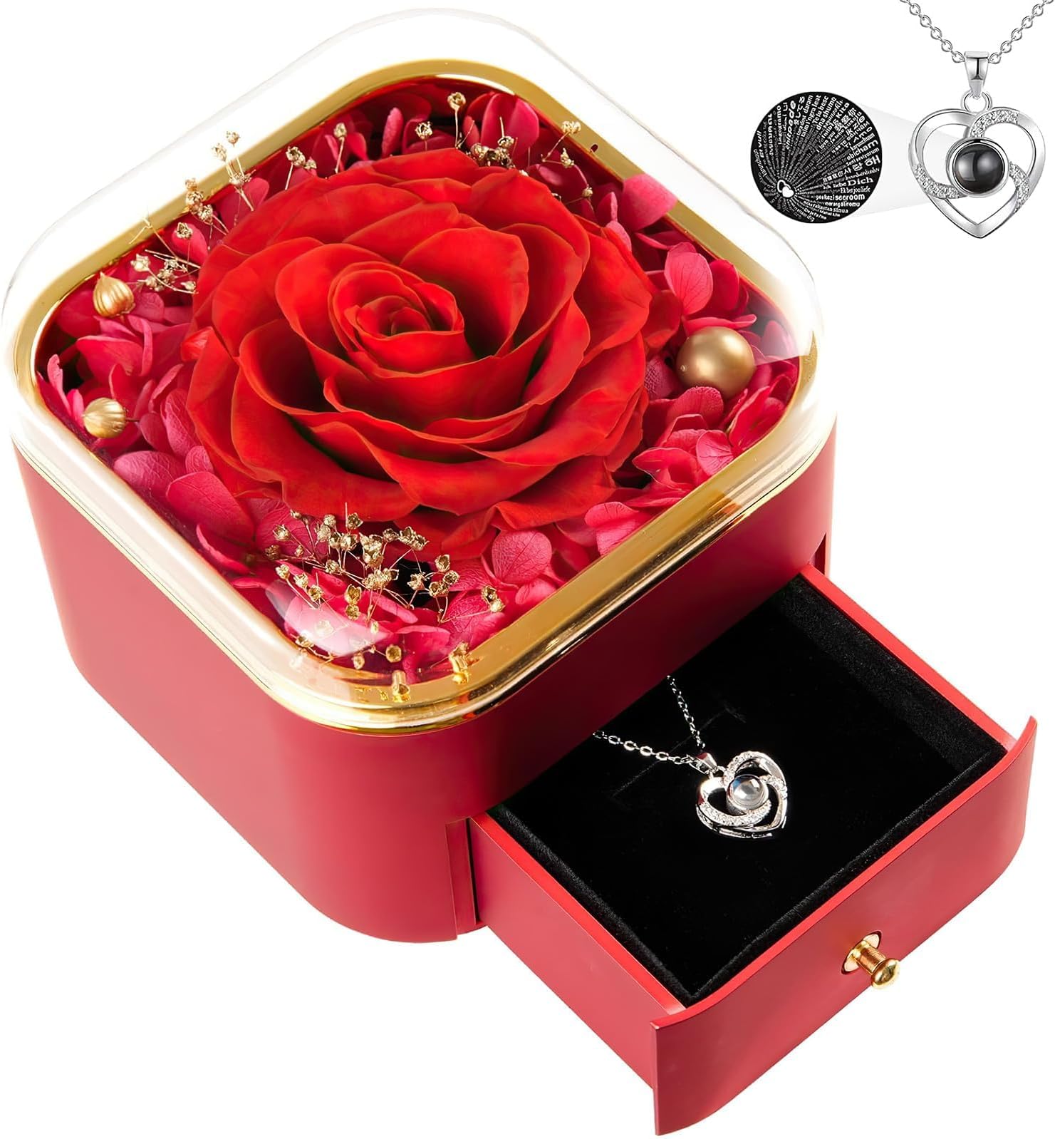 Amazon.com: Pink Preserved Rose, Rose with Necklace Box, Box of Roses ...