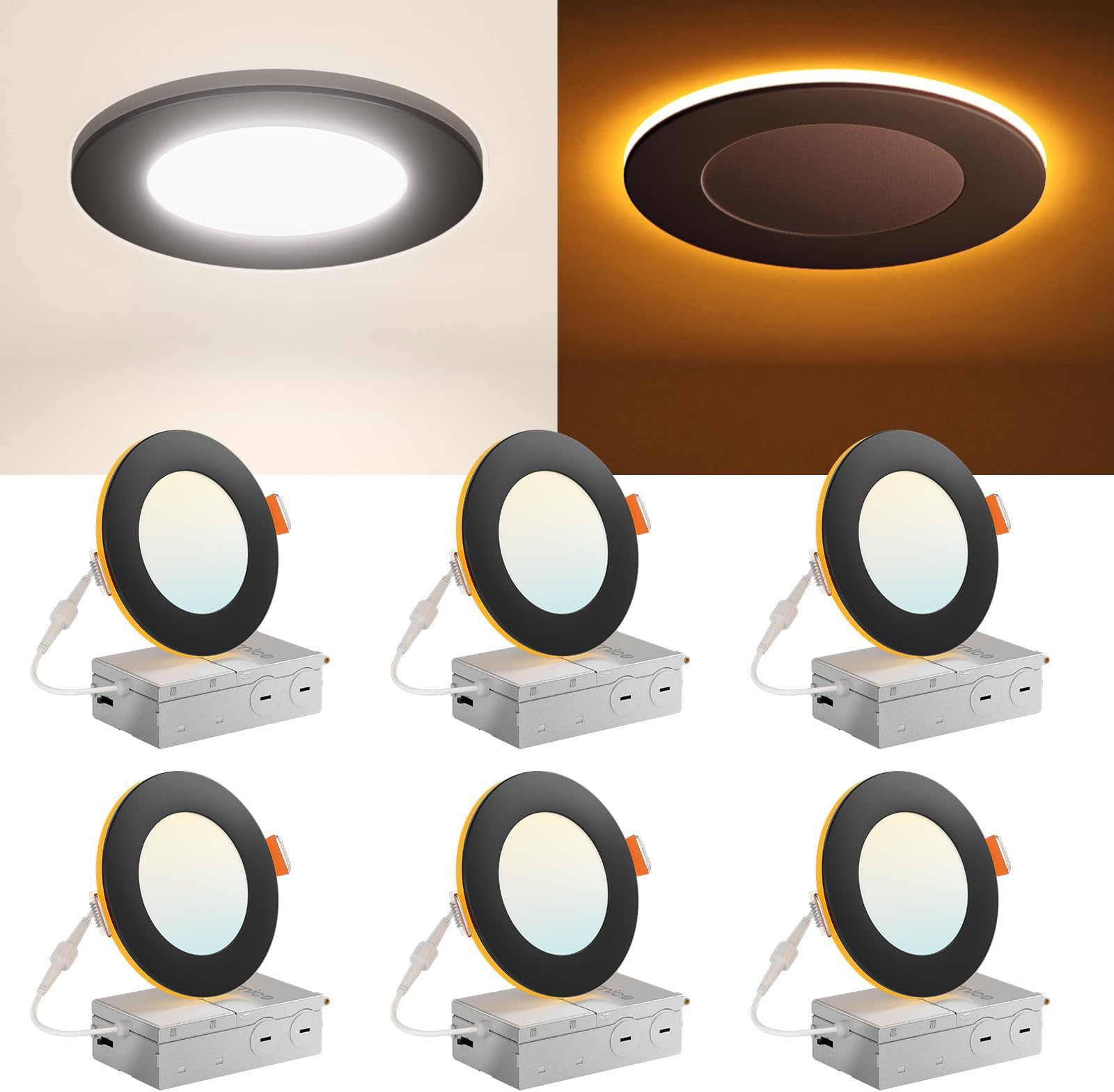 Amico 6 Pack Black 4 Inch 5CCT Recessed Pot Light with Night Light ...