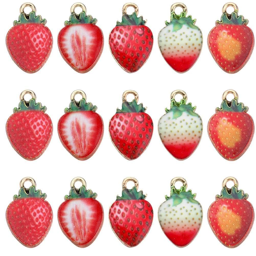 SUNNYCLUE 1 Box 50Pcs 5 Colors Strawberry Charms Bulk Fruit Charms Mini ...