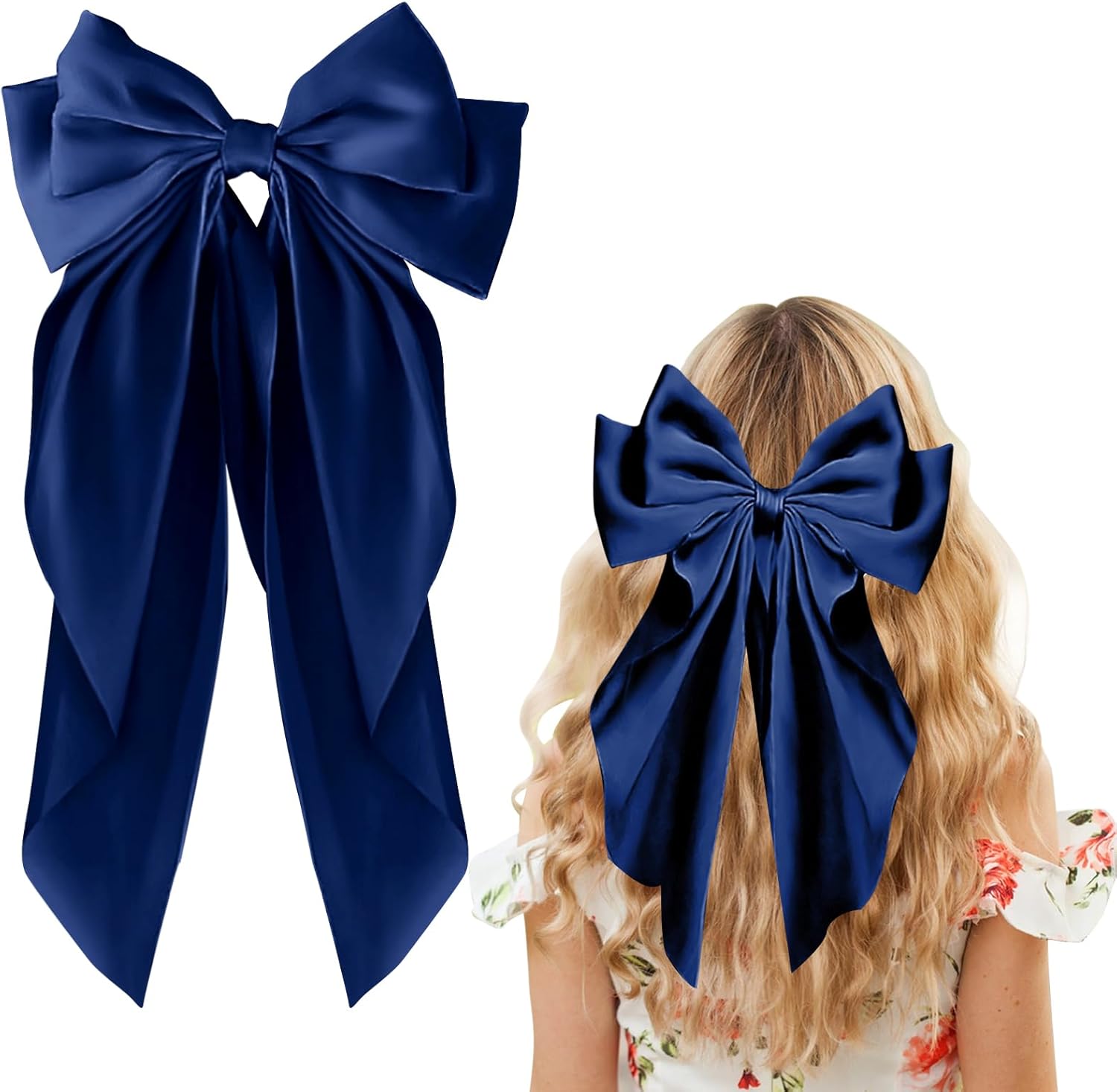 Bow Hair Clips Solid Color Bow Navy Blue French Automatic Hair Clip ...