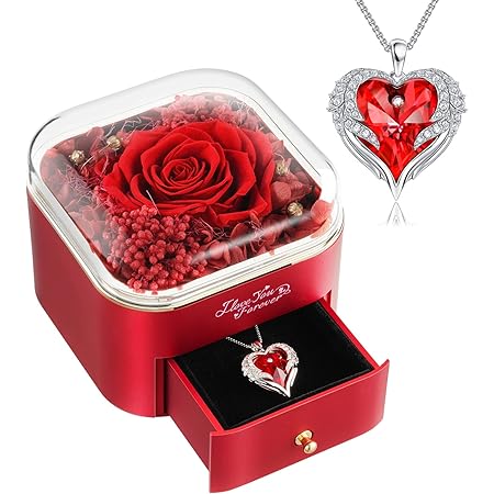 Amazon.com: NEWNOVE Preserved Red Rose with Red Necklace for Women ...