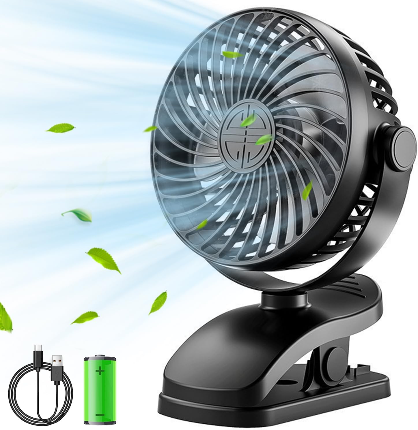 PLACHIDAY Portable Clip on Fan Battery Operated, 3 Speeds USB Fan with ...