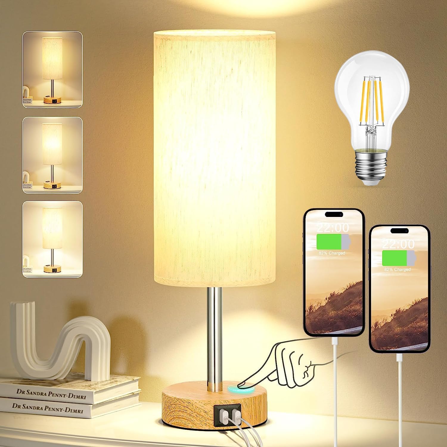 Eocean Bedside Table Lamp, Rotary Switch Table Lamp with USB A+C ...