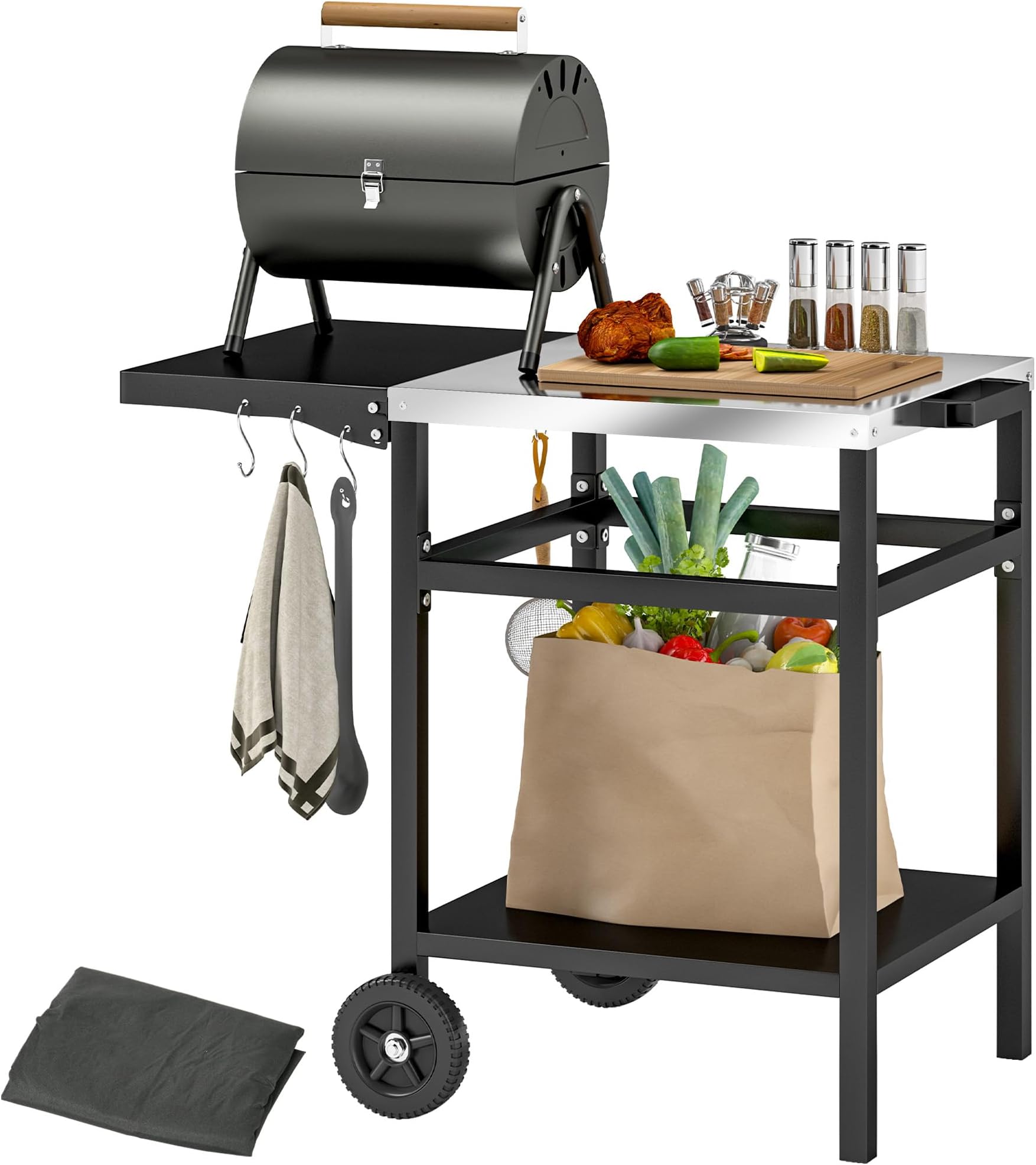 Outsunny BBQ Trolley with Stainless Steel Top and Foldable Side Table ...
