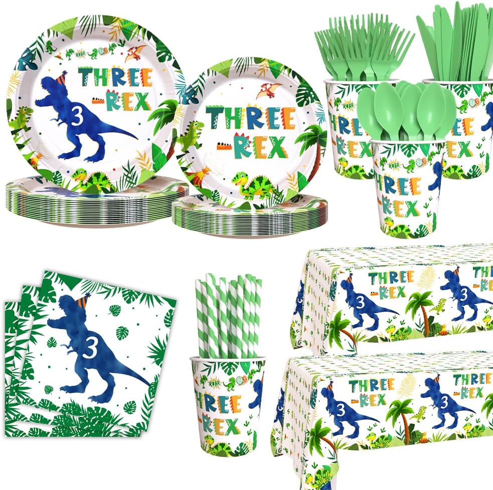 Amazon.com: BIGKEOKI Three Inspired Rex Birthday Plates 40pcs Dinosaur ...