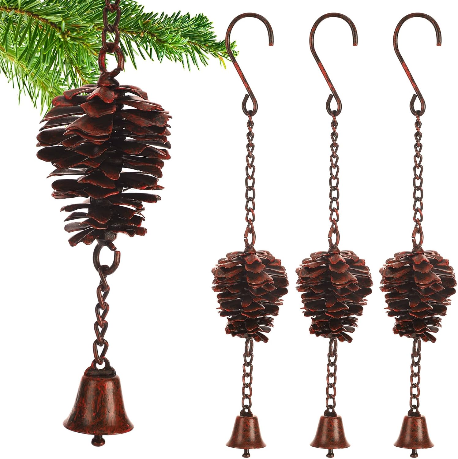 Amazon.com : 3 Pcs Christmas Pine Cone with Bell Metal Wind Chimes ...