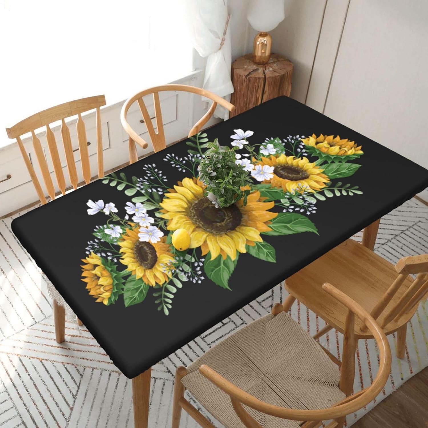 Amazon.com: Fiokroo Sunflowers Tablecloth with Elastic Edge for 5ft ...