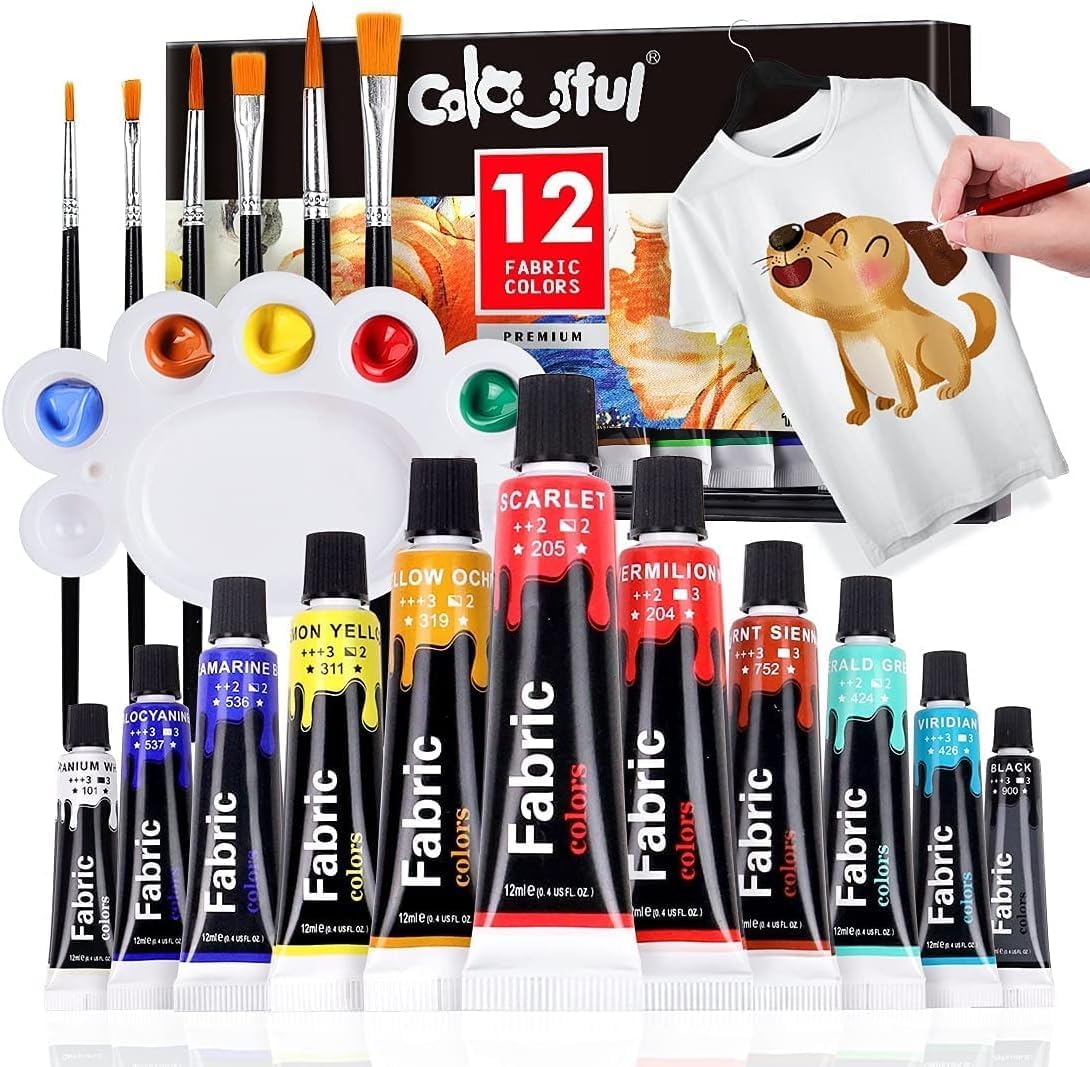 Colorful Fabric Paint Set for Clothes 12 Colors - Permanent Textile ...