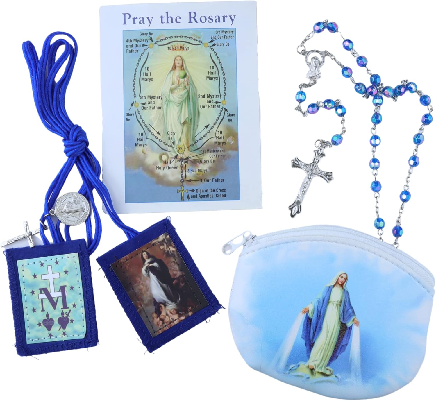 Amazon.com: Needzo - Blue Rosary Set, Scapular, Our Lady of Grace Pouch ...