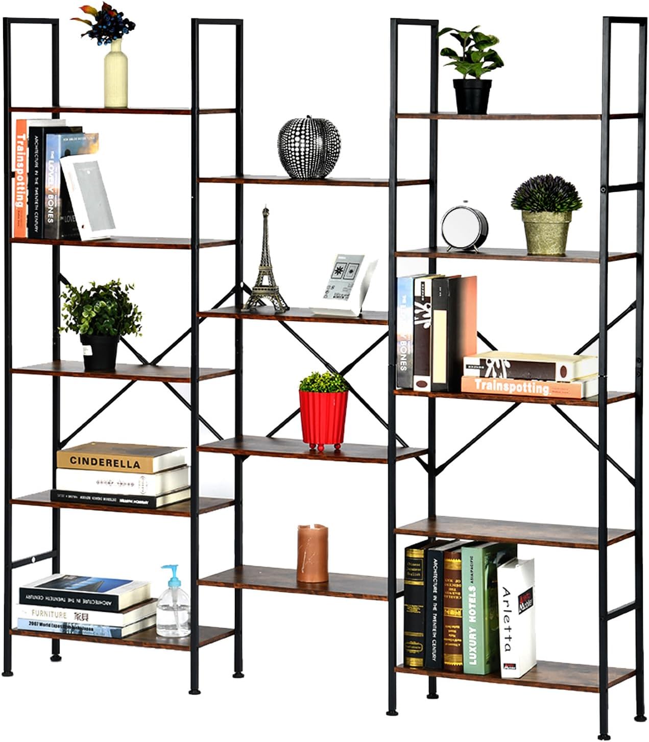 Amazon.com: FurnitureR Bookshelf 5-Tier Triple-Column, Bookcase with 14 ...