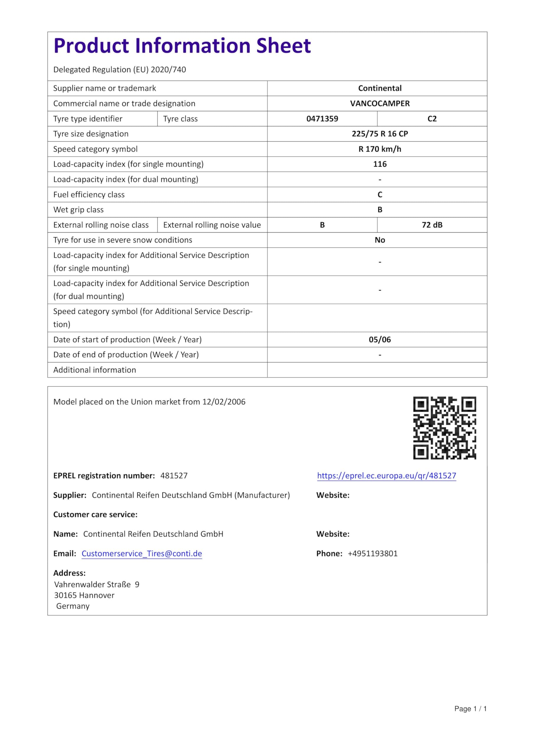 CONTINENTAL Vancontact Camper 8PR - 215/70R15 CP 109R - C/A/73dB - All ...