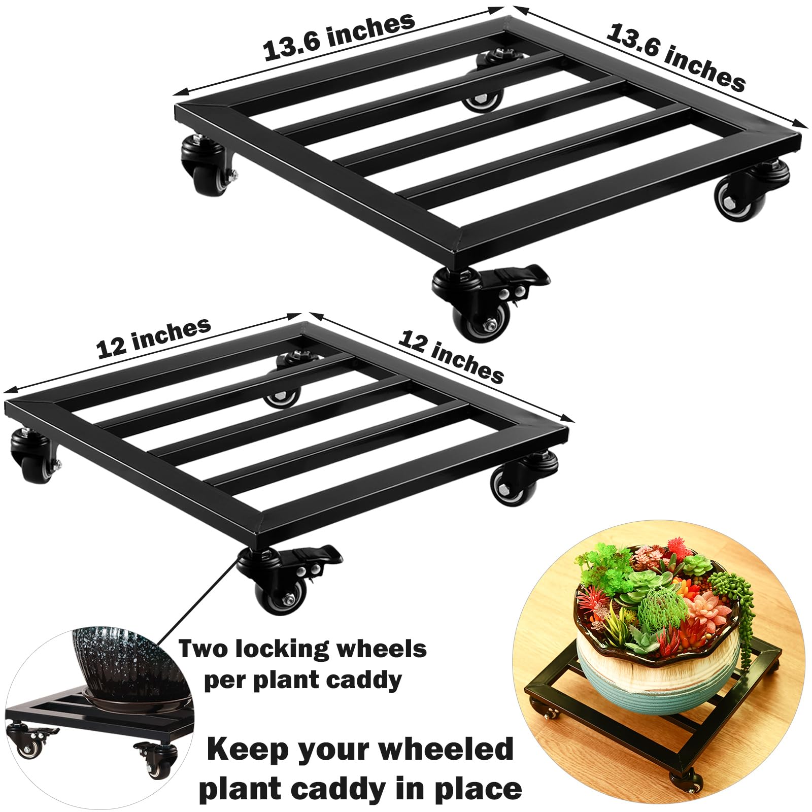 2 Packs Large Metal Square Plant Caddy with Wheels 13.6" and 12" Iron ...