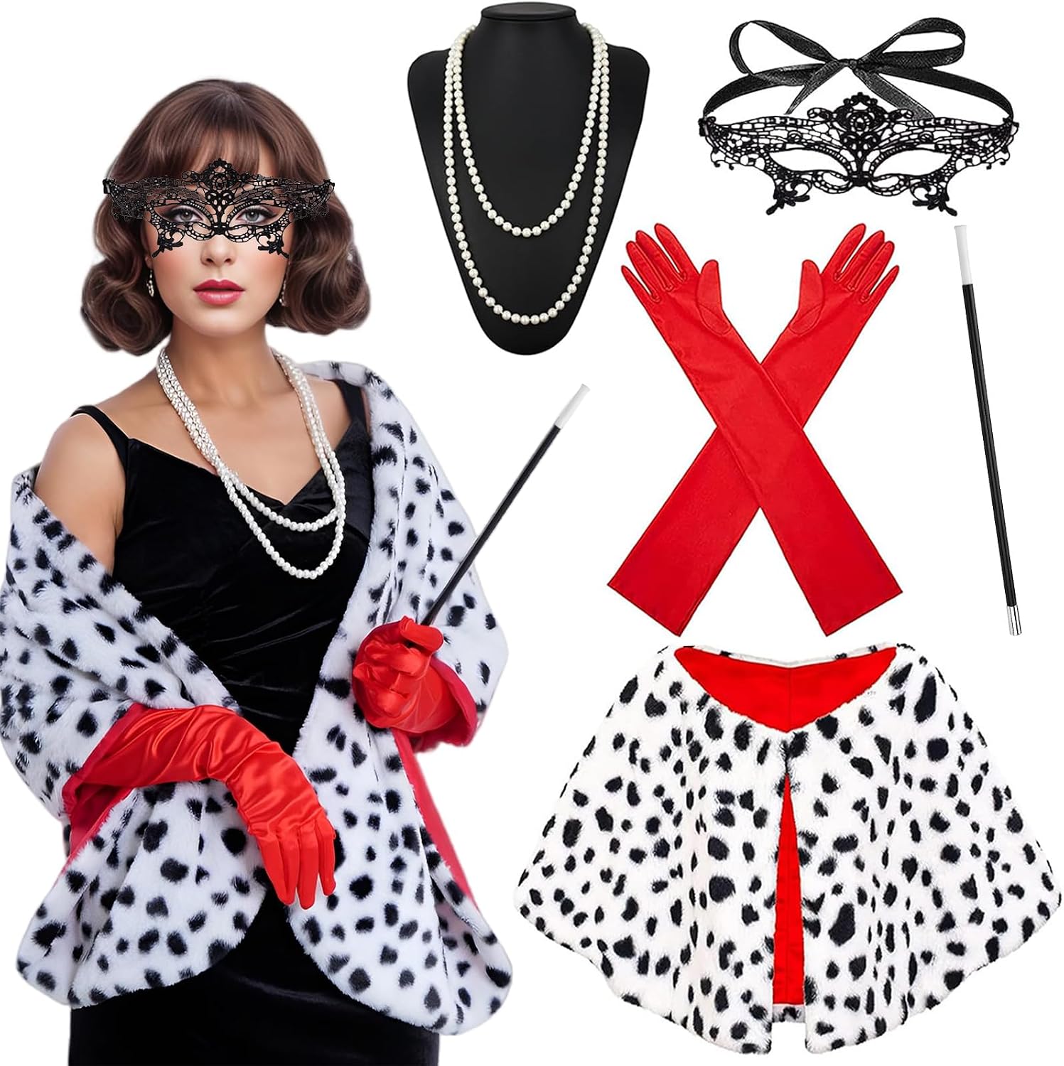 BFSYRR Dalmatian Costume Adult,6 Pcs Evil Dog Fancy Dress Costume,Long ...