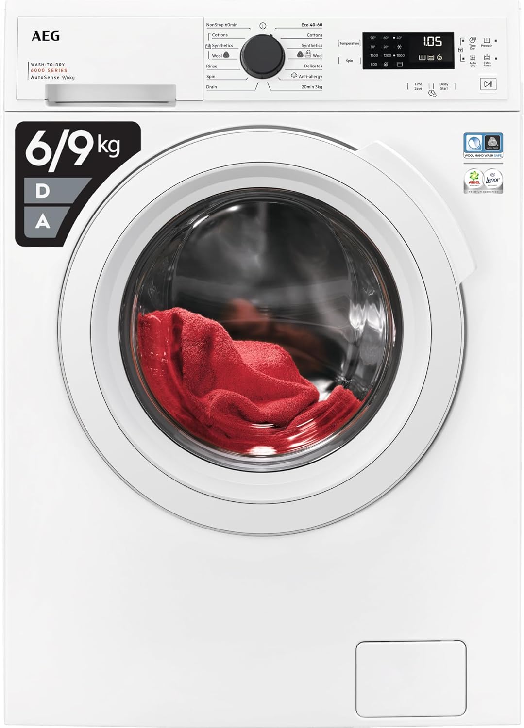 AEG 6000 Series Washer Dryer LWX60966B, 9kg Wash/ 6kg Dry Load, 1600rpm ...