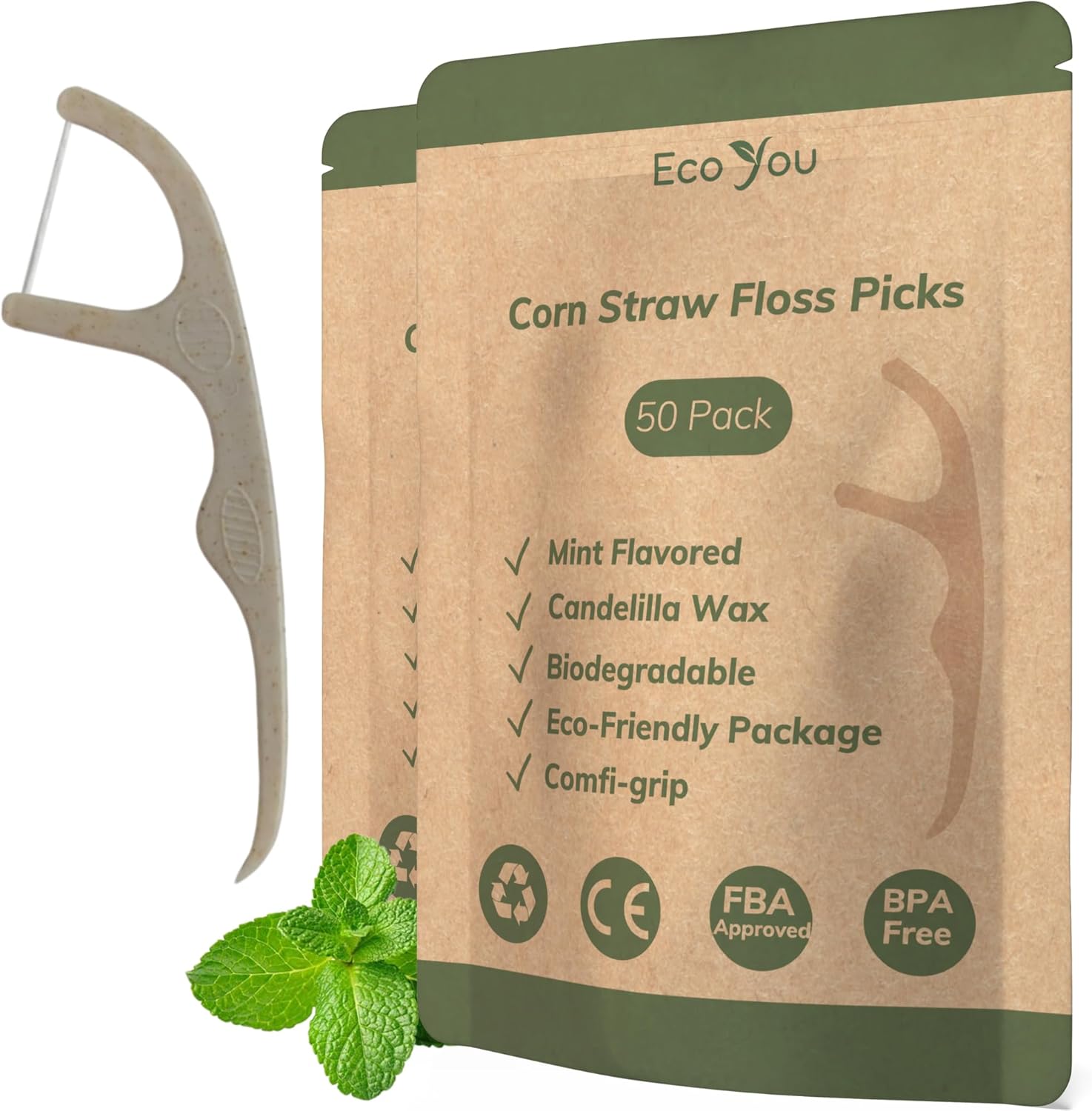 EcoYou Biodegradable Floss Picks – 100 Count | Mint Dental Floss Sticks ...