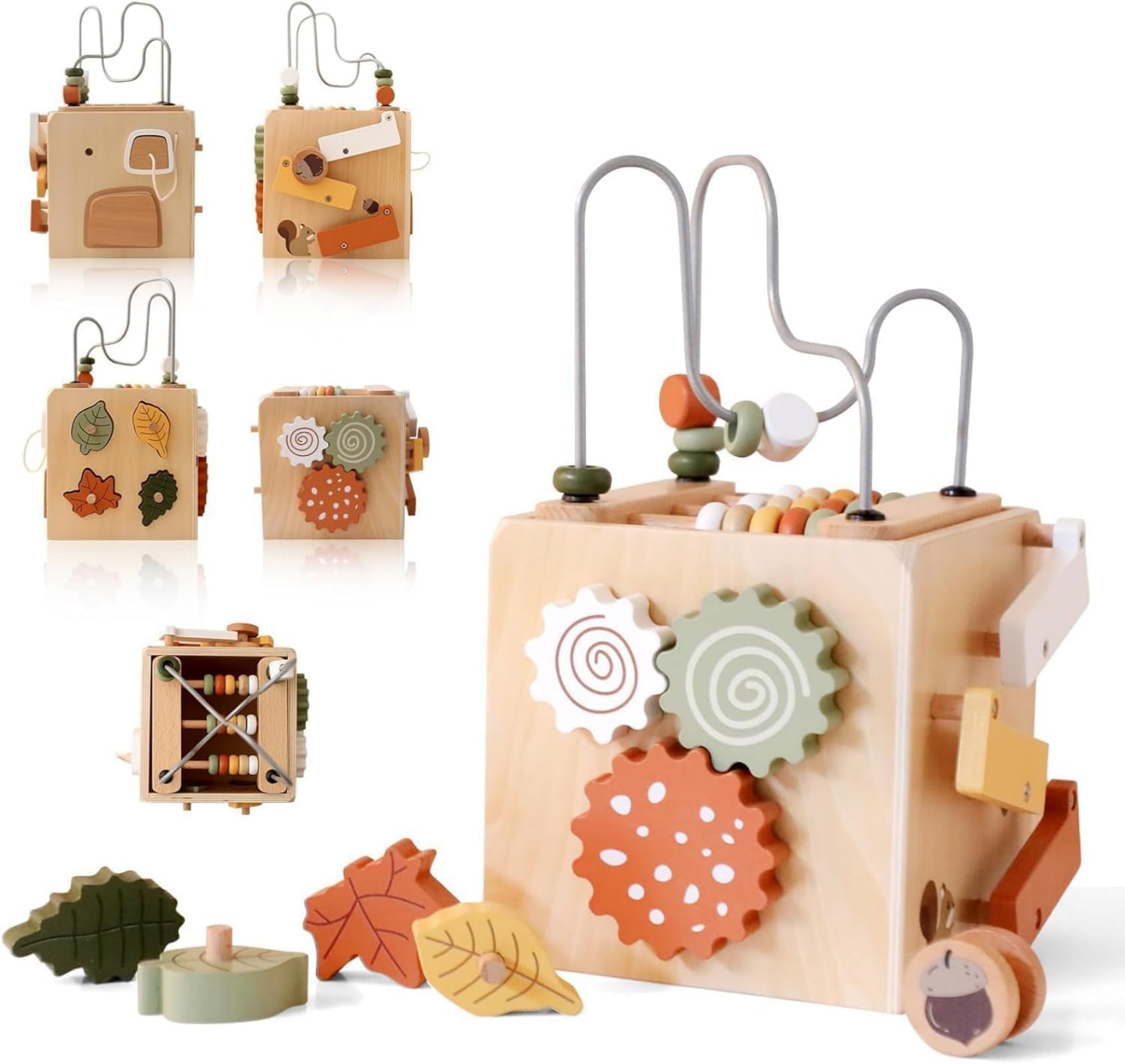 IEATFO 5 in 1 Wooden Activity Cube Play Center Bead Maze Leaves Shape ...