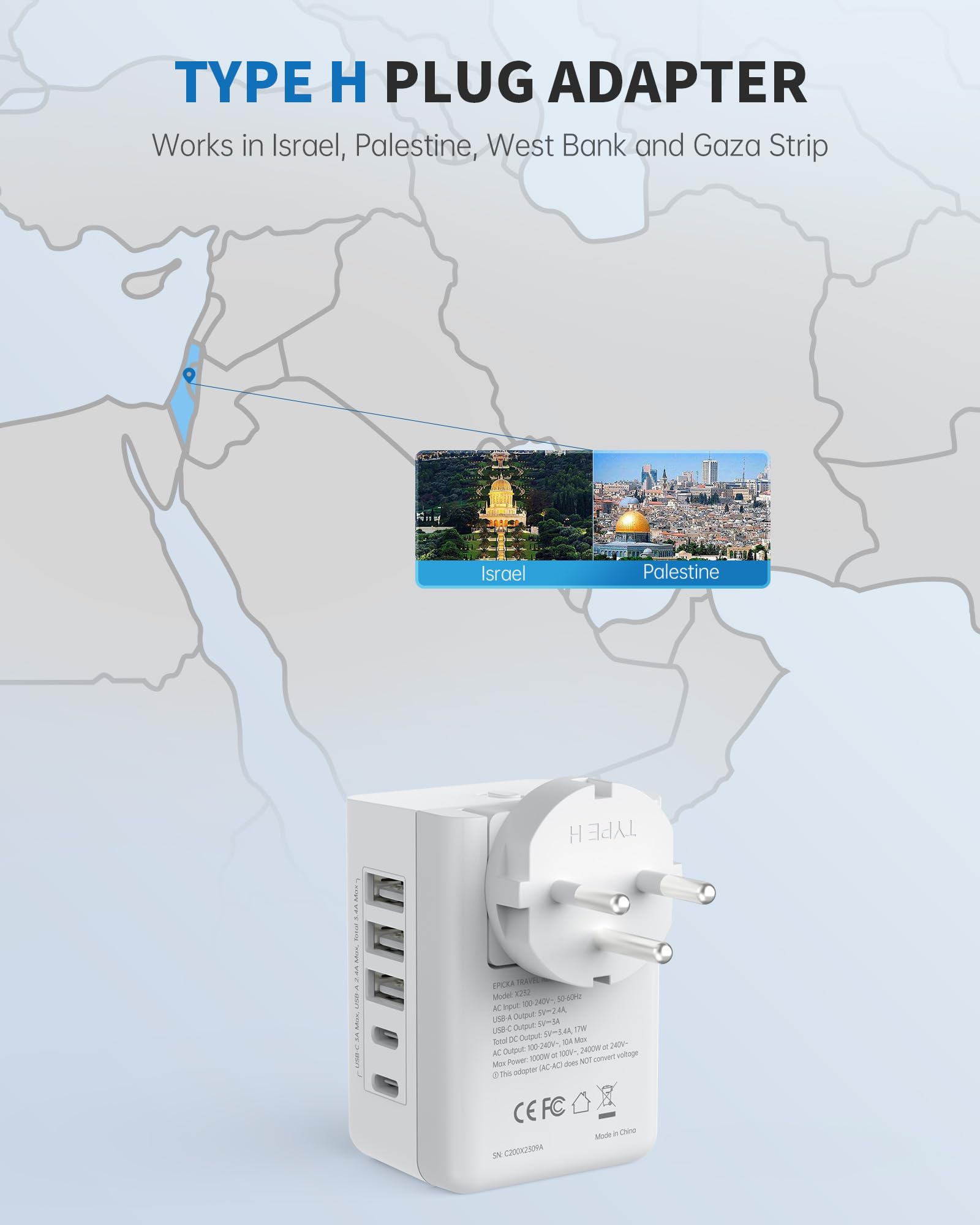 Snapklik.com : EPICKA US To Israel Travel Adapter, Universal Plug Adapter