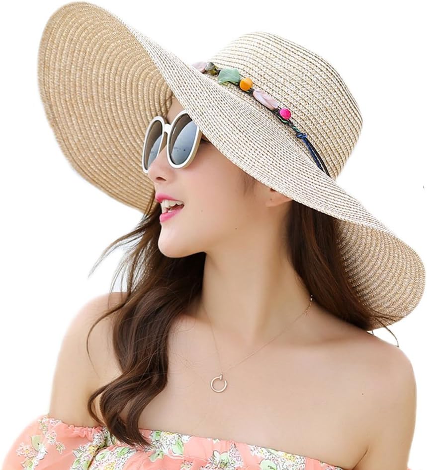 JIHUOO Floppy Summer Sun Straw Hat Wide Brim Packable Sun Hats Foldable ...