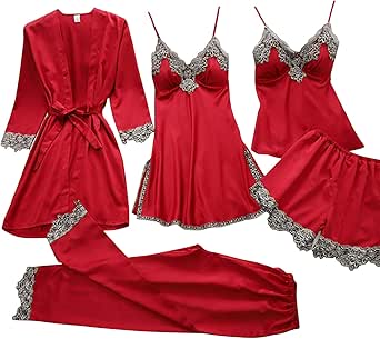 Women's 5 Pieces Sleepwear Sexy Lace Pajama Sleepwear Loungewear Pj Sets Solid Casual Long ...