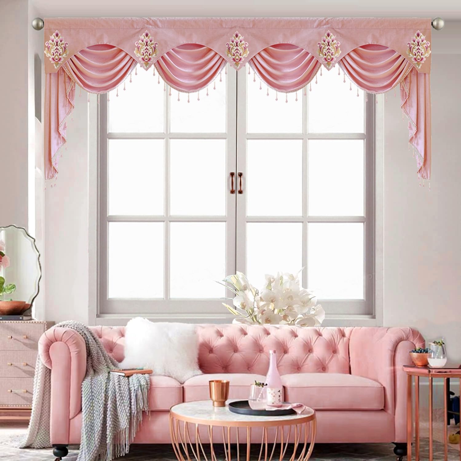 Amazon.com: Gxi Pink Chenille Waterfall Valance Beaded Rod Pocket Fit ...