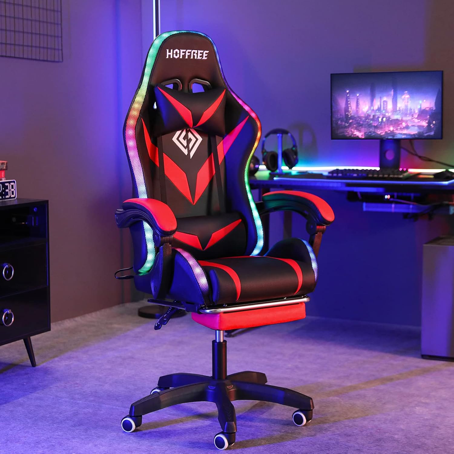 Gaming Chair with Massage and LED Lights Ergonomic Video Game Chairs ...
