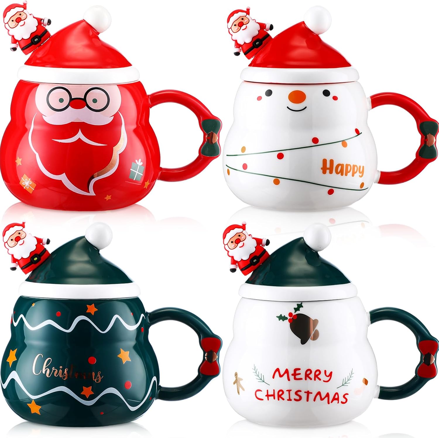 Amazon.com: Yaomiao 4 Pcs Christmas Mugs with Santa Hat Lid and Spoon ...