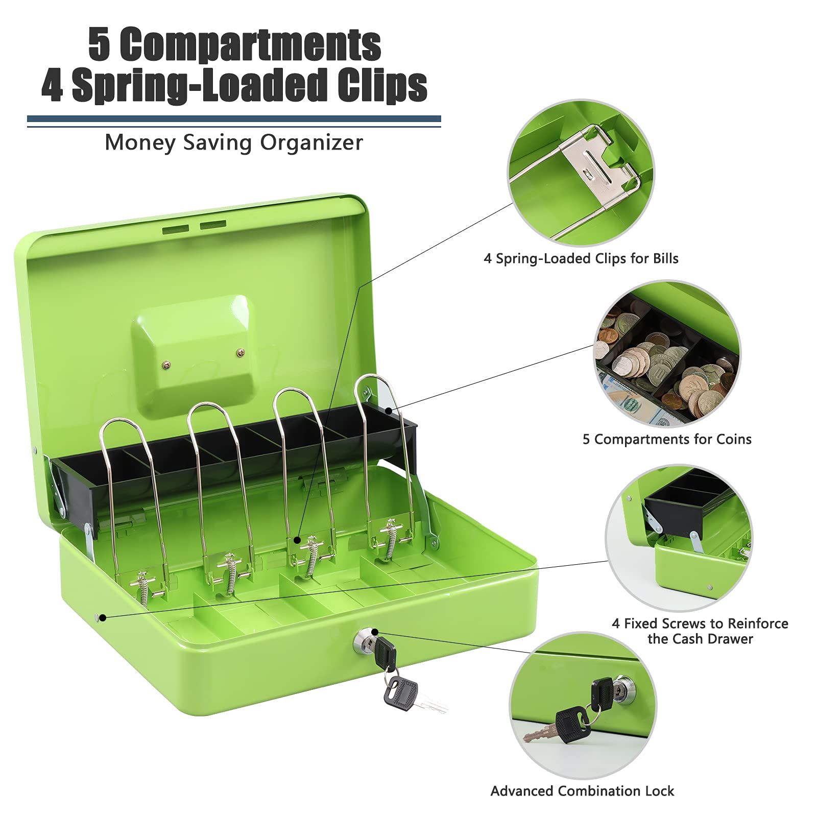 KYODOLED Locking Cash Box with Lock,Money Box with Cash Tray,Lock Safe ...